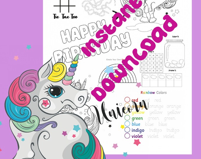 Printable Unicorn 5 Birthday Kids Activity and Coloring Sheet ...