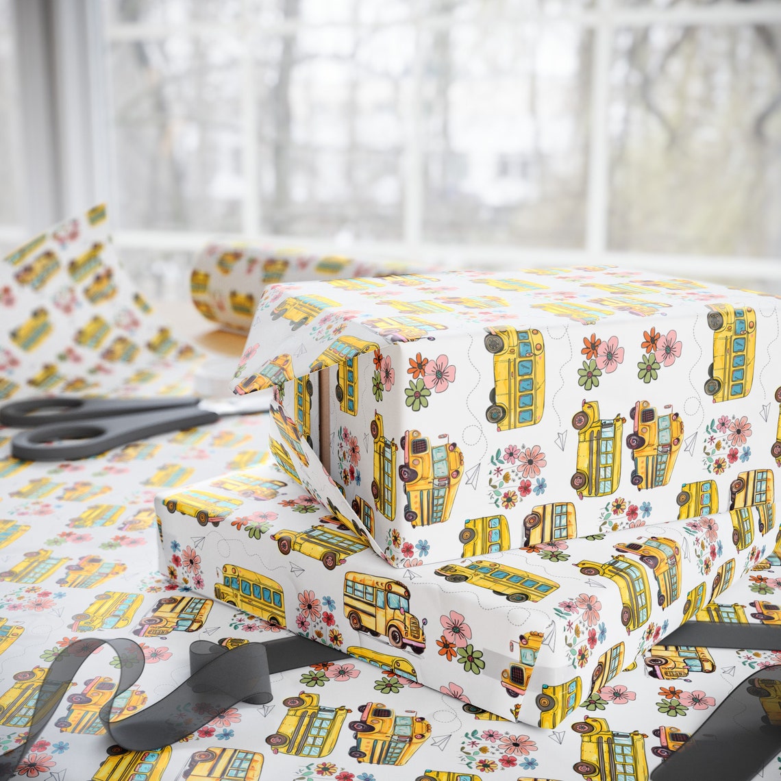 School Bus Wrapping Papers, Back to School Gifts Wrapping Paper Roll ...