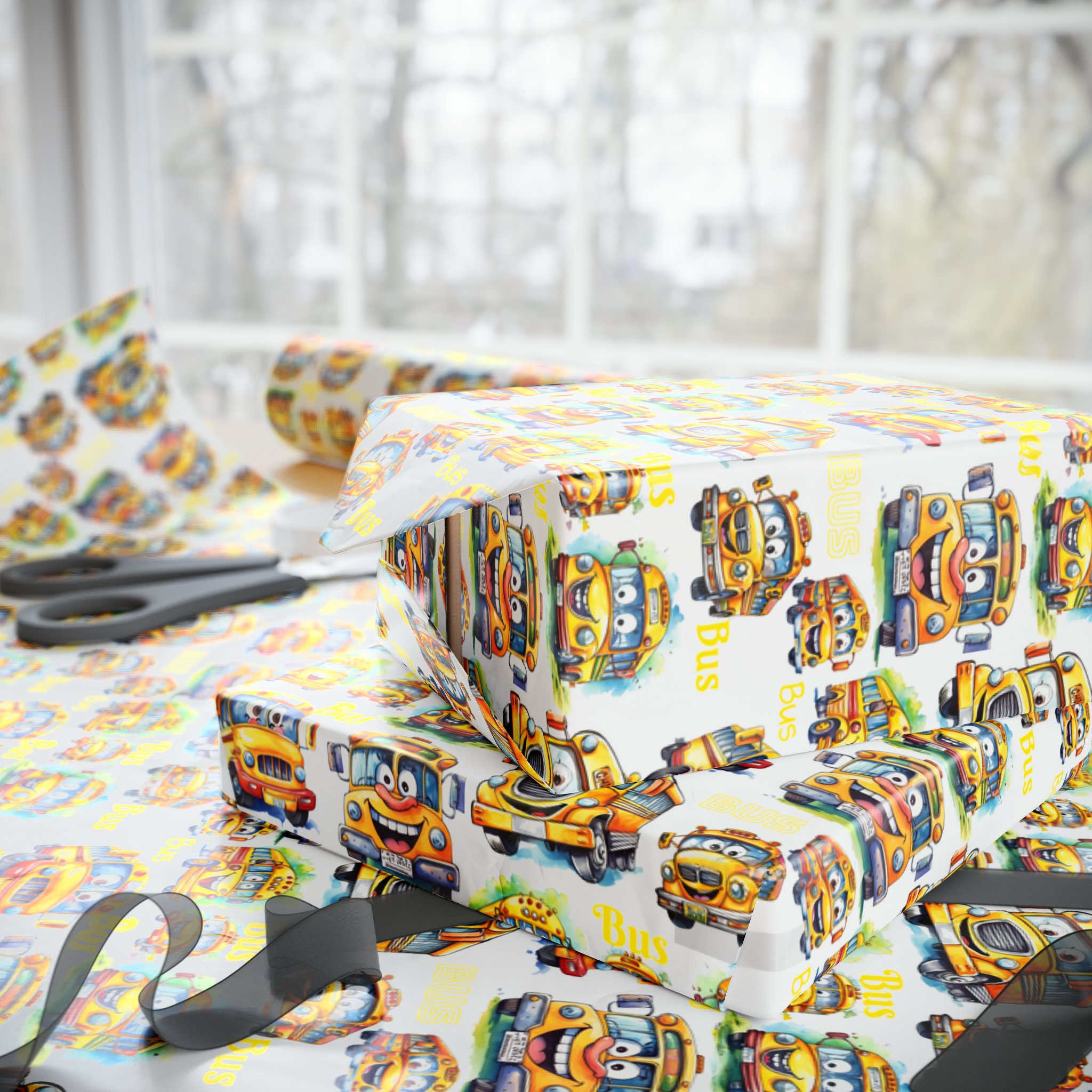 Bus Wrapping Paper Roll, School Bus Wrapping Paper Roll, Watercolor ...