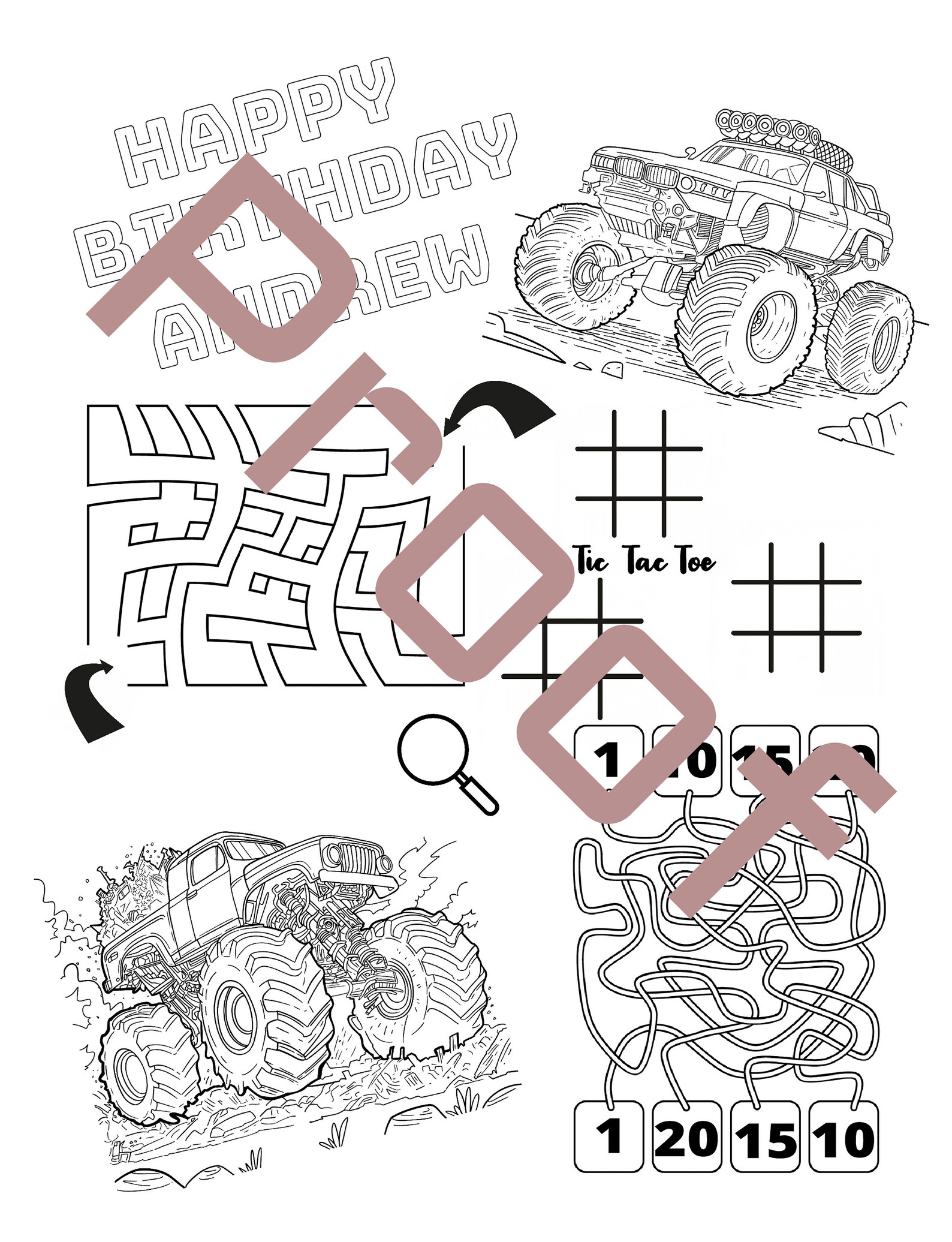 Printable Monster Truck Kid Birthday Activity and Coloring Sheet ...