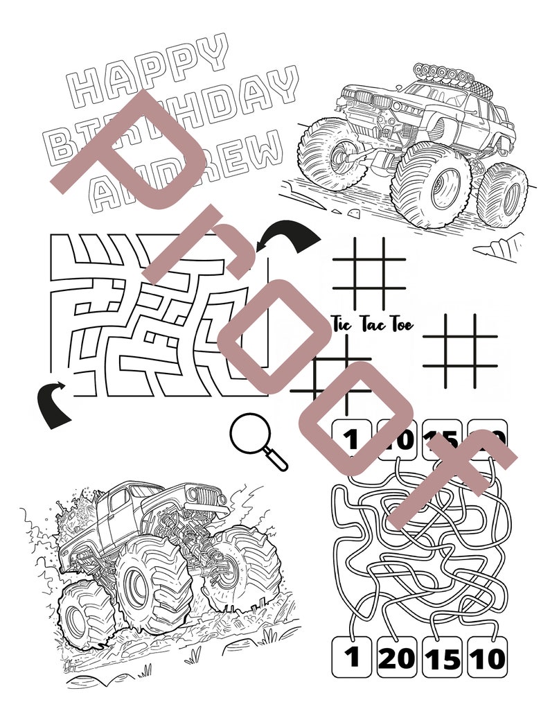 Printable Monster Truck Kid Birthday Activity and Coloring Sheet ...