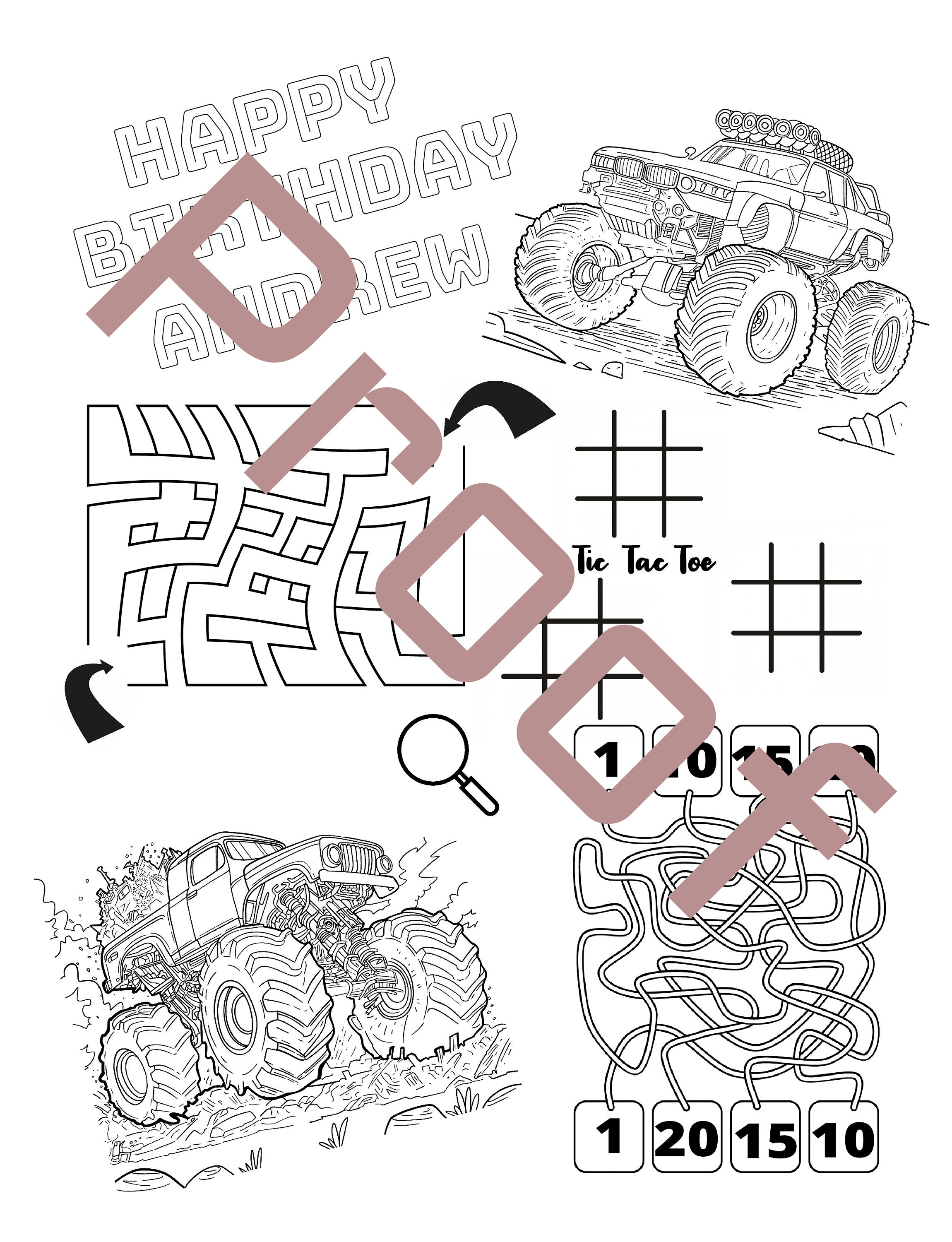 Printable Monster Truck Kid Birthday Activity and Coloring Sheet ...