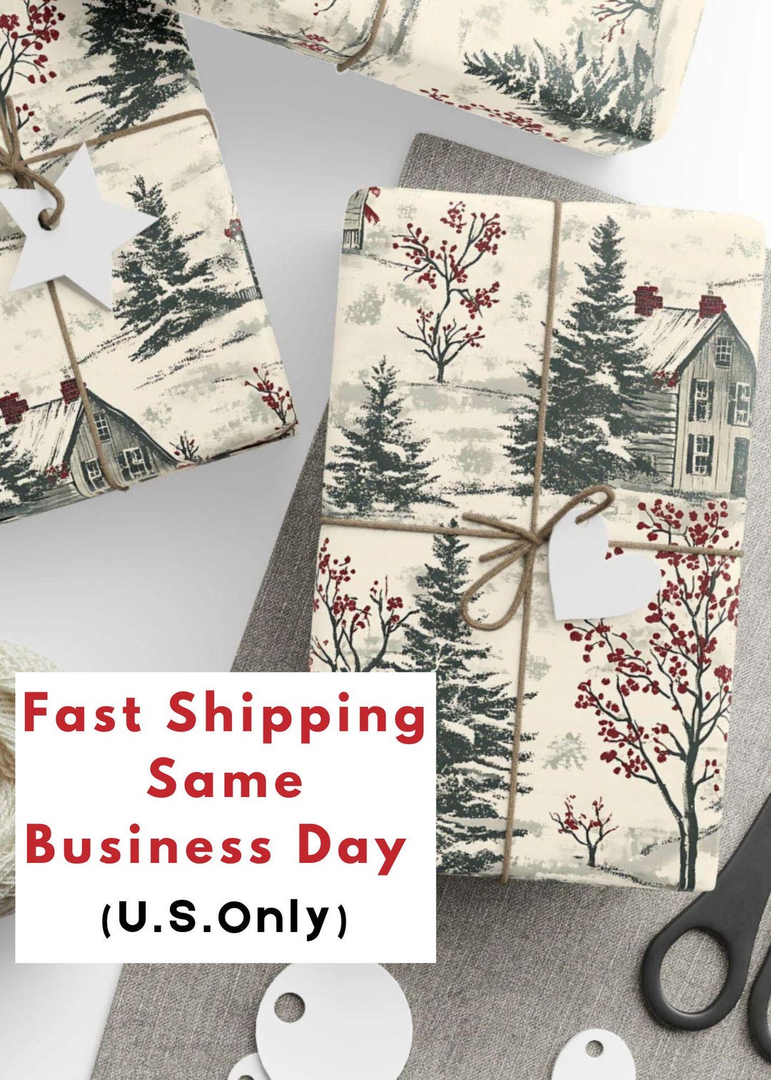 Toile Christmas Wrapping Paper, Cozy Holiday Gift Wrap, Rustic ...