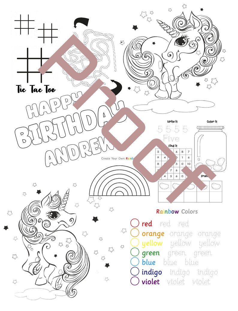 Printable Unicorn 5 Birthday Kids Activity and Coloring Sheet ...