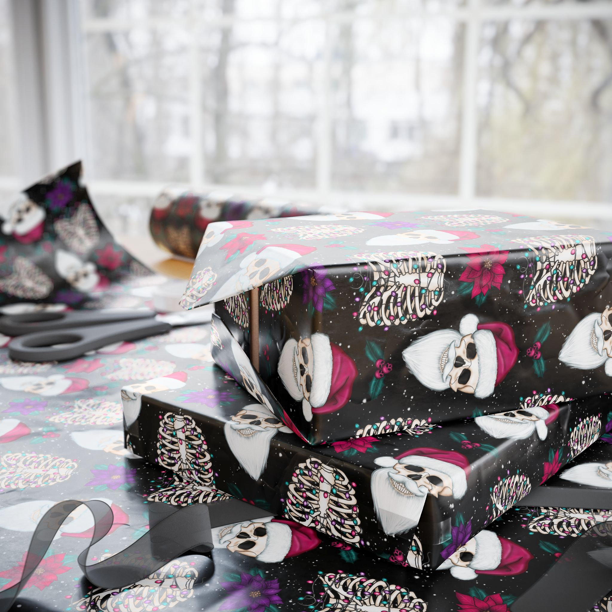 Santa Skeleton and Bones Wrapping Papers, Skeleton Christmas Wrapping ...