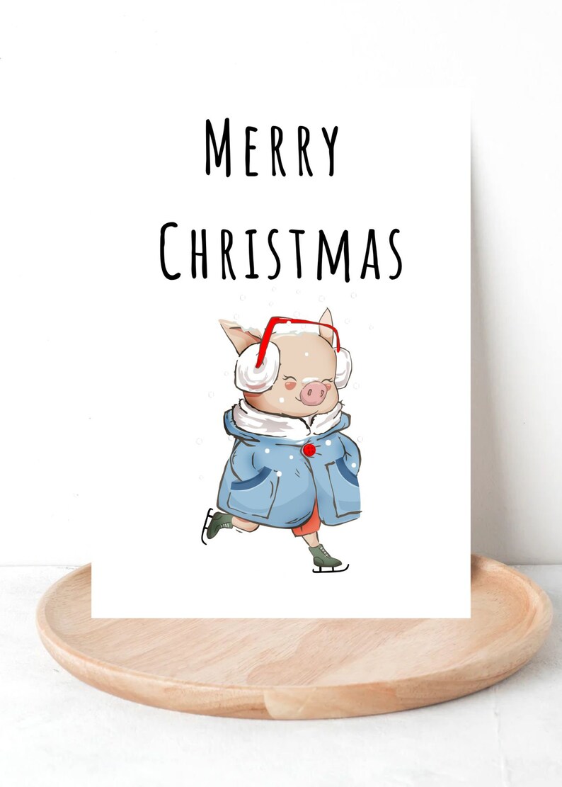 Merry Christmas Skating Pig Cards, Pig Skating Digital Cards, Christmas ...