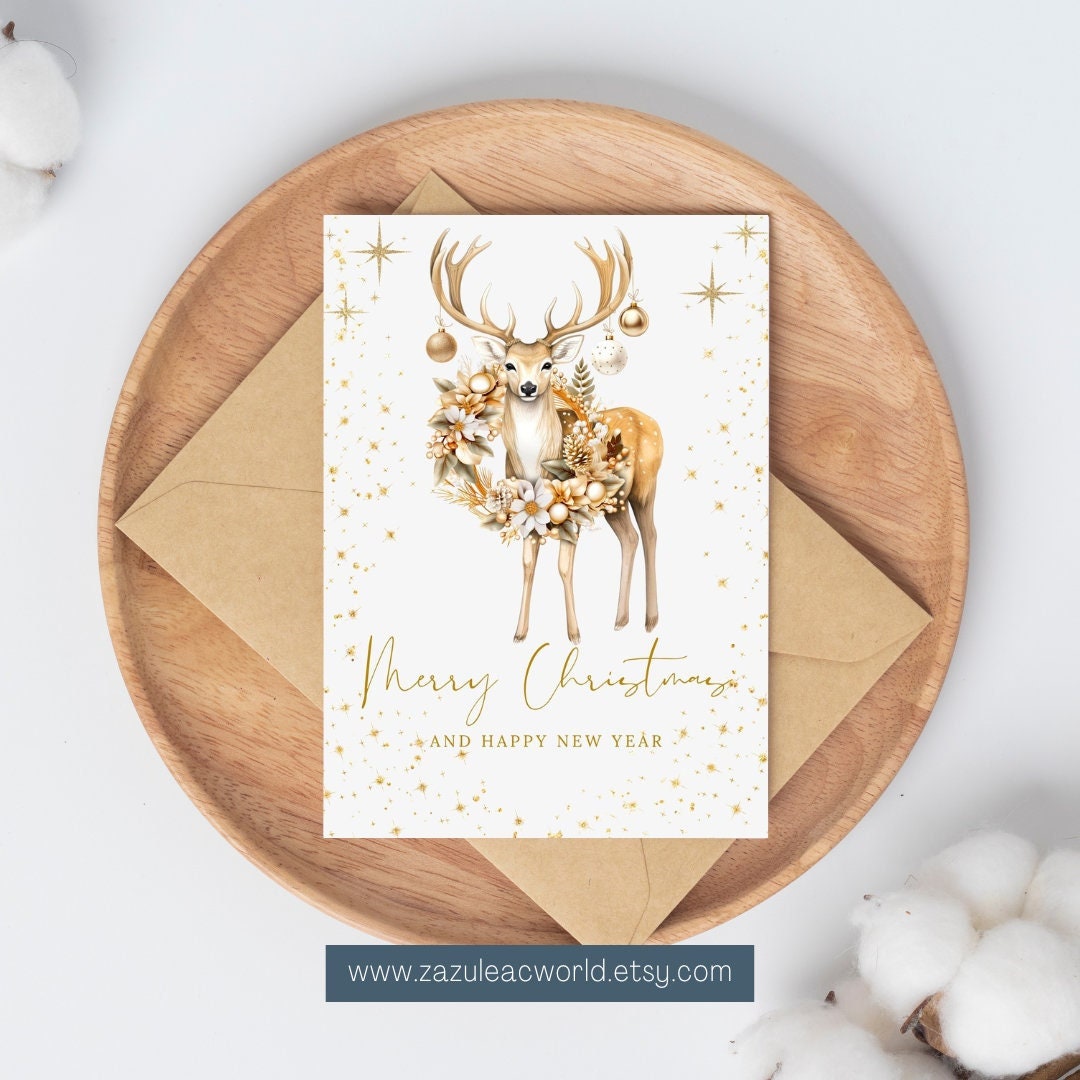 Deer Christmas Printable Card, Gold Deer Christmas Printable Cards ...