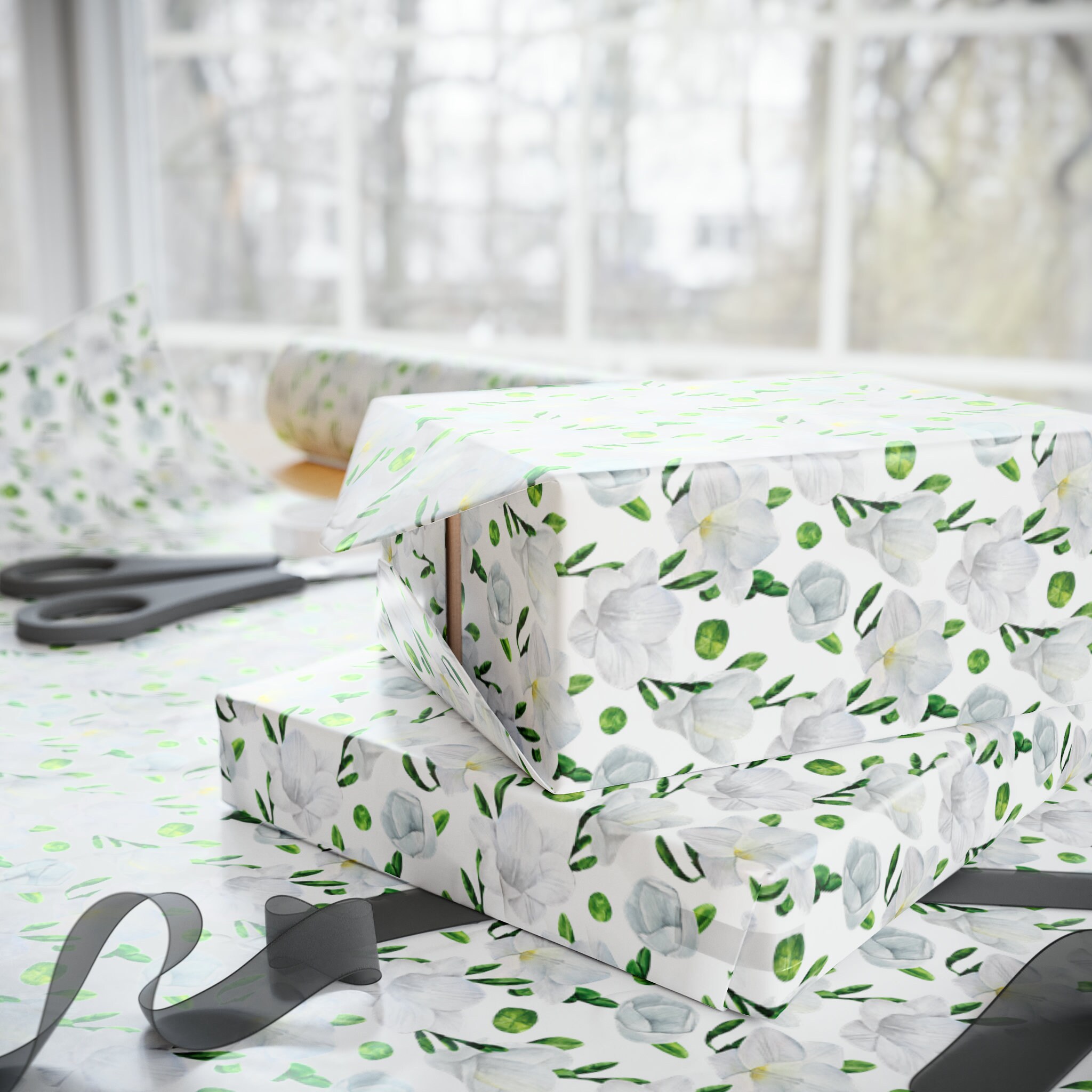 Freesia White Floral Gift Wrapping Paper Roll, Freesia Flower Gift ...