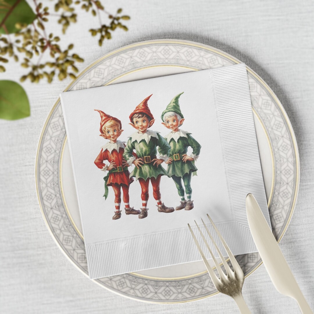 Christmas Elfs White Coined Napkins, Festive Christmas Elf Napkins - Etsy
