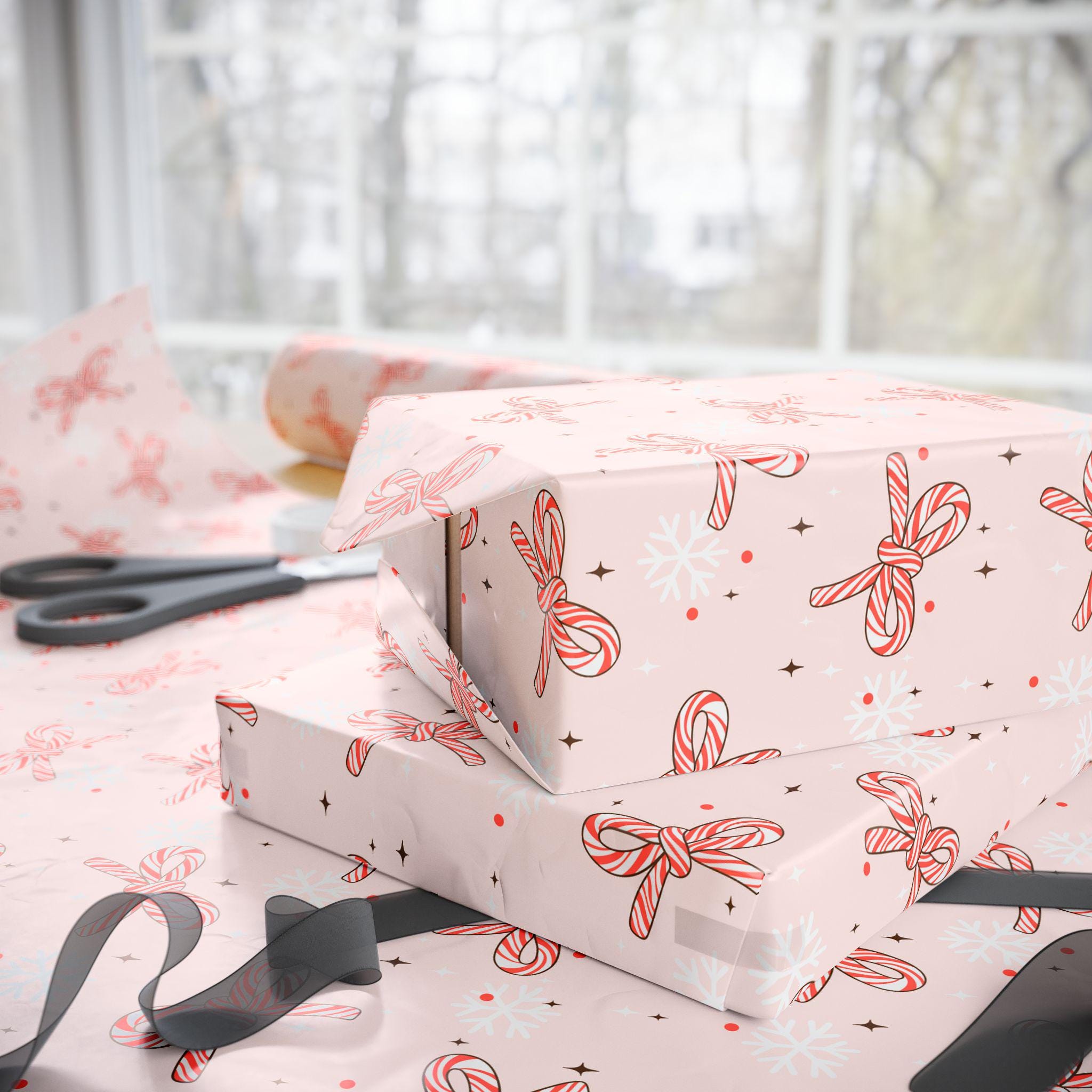 Coquette Candy Cane Wrapping Paper, Cute Bow Designs for Christmas ...