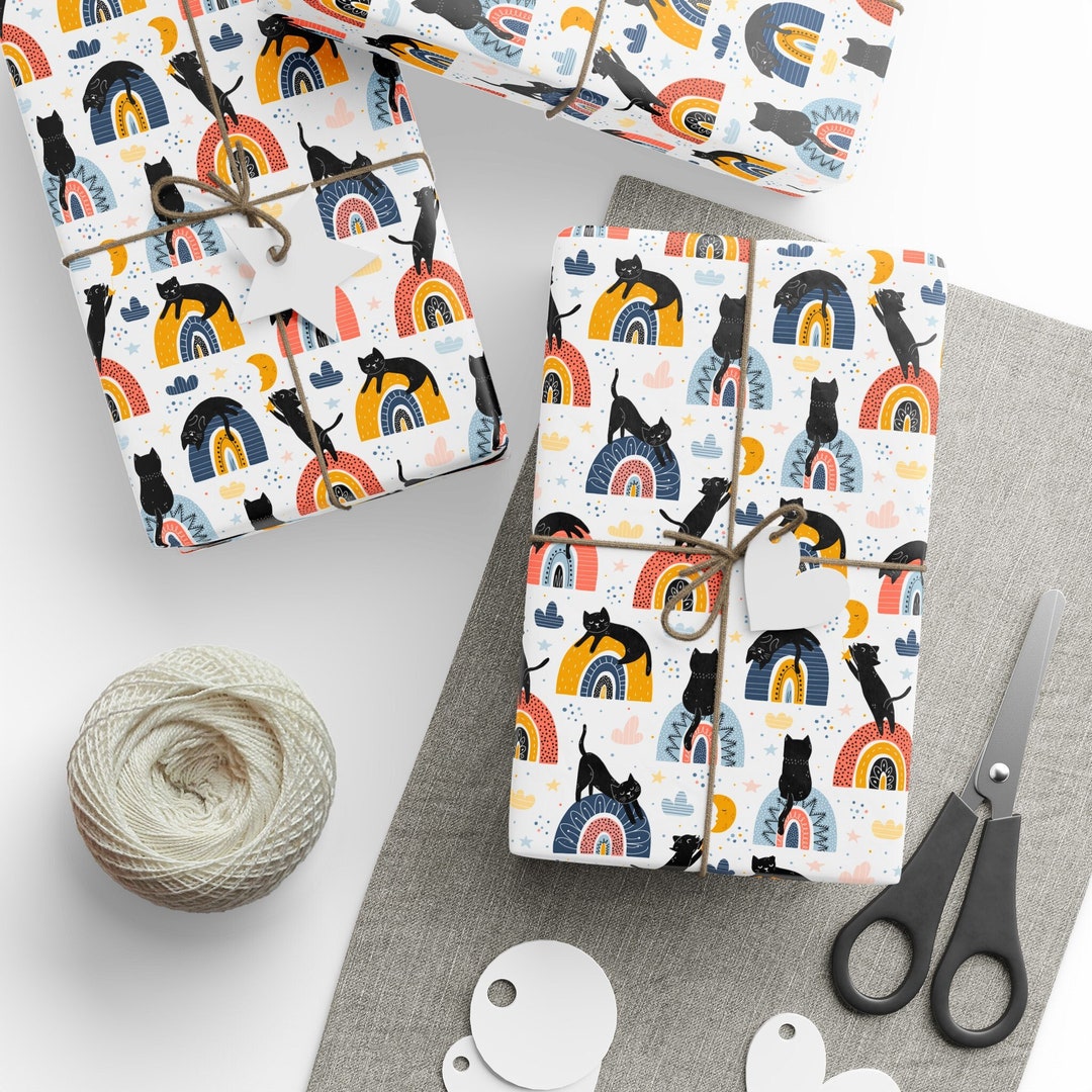 Cute Cats Wrapping Paper, Cat Wrapping Paper, Black Cat and Rainbow ...