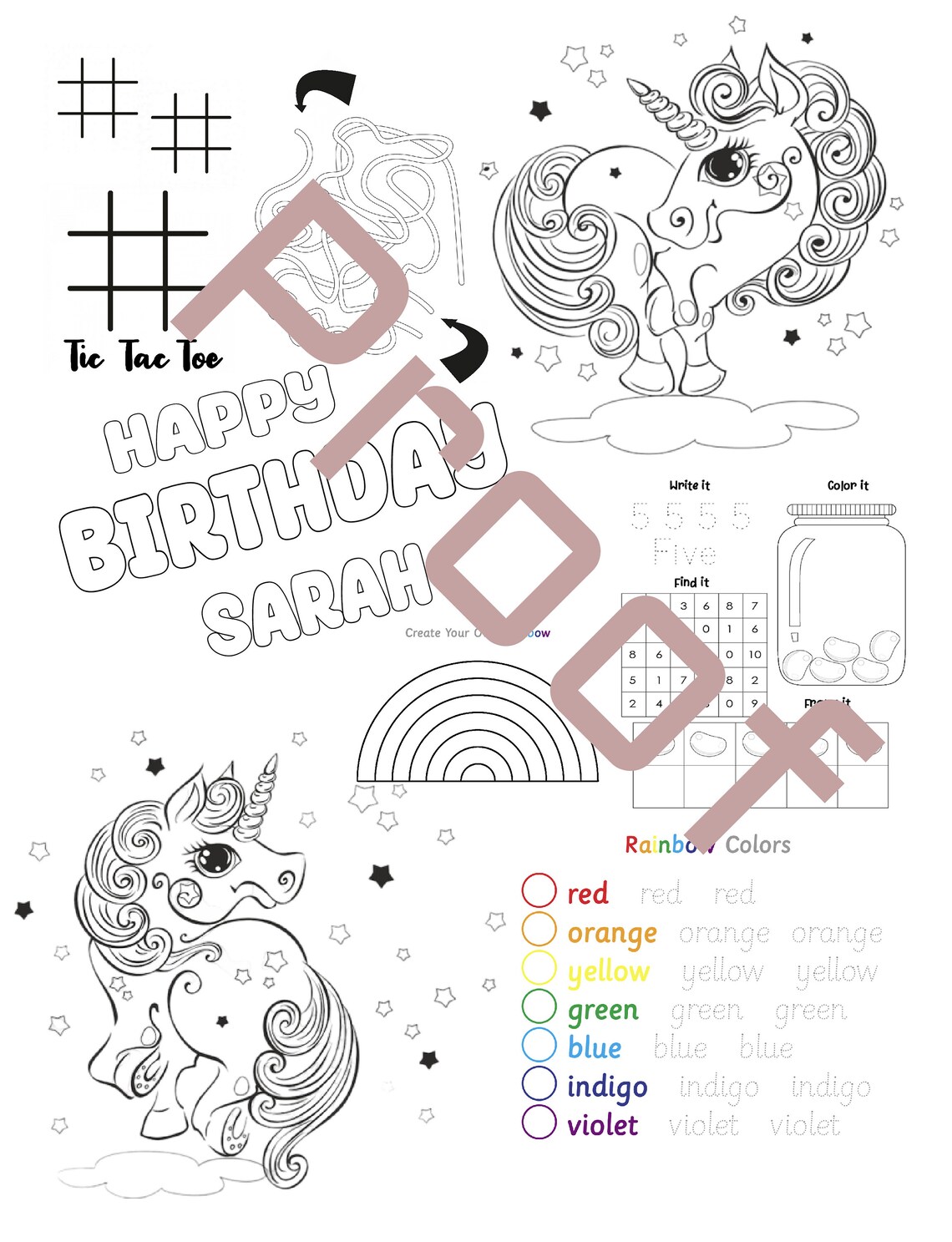 Printable Unicorn 5 Birthday Kids Activity and Coloring Sheet ...