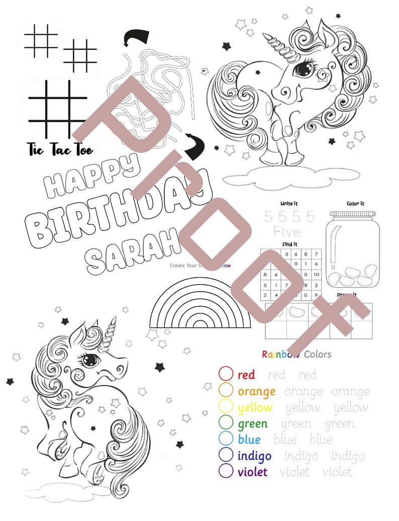 Printable Unicorn 5 Birthday Kids Activity and Coloring Sheet ...