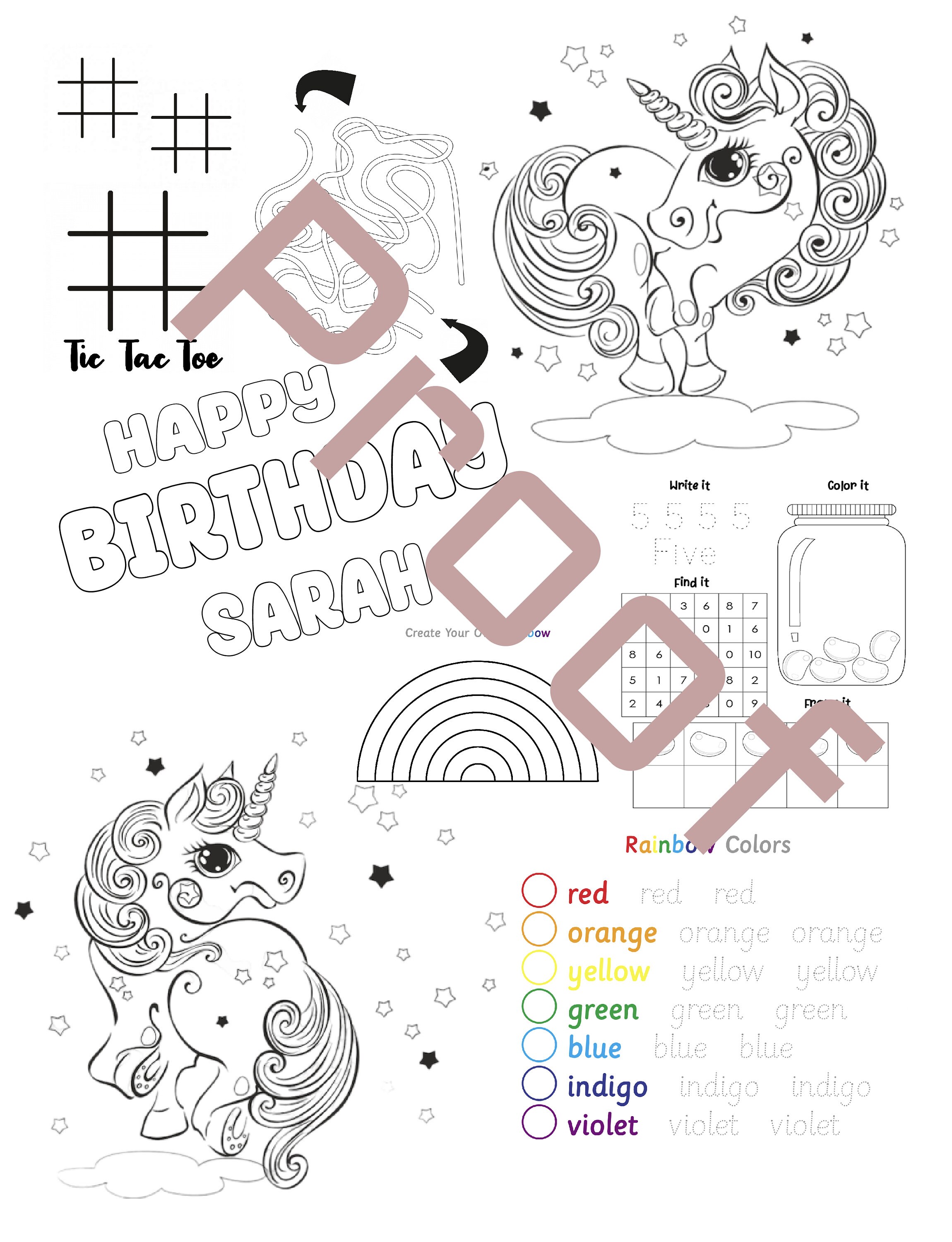 Printable Unicorn 5 Birthday Kids Activity and Coloring Sheet ...