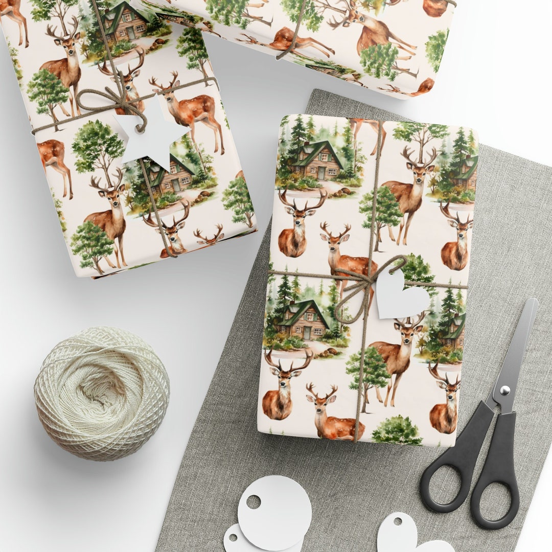 Wild Christmas Deer Gift Wrapping Paper, Watercolor Greenery Deer Wild ...