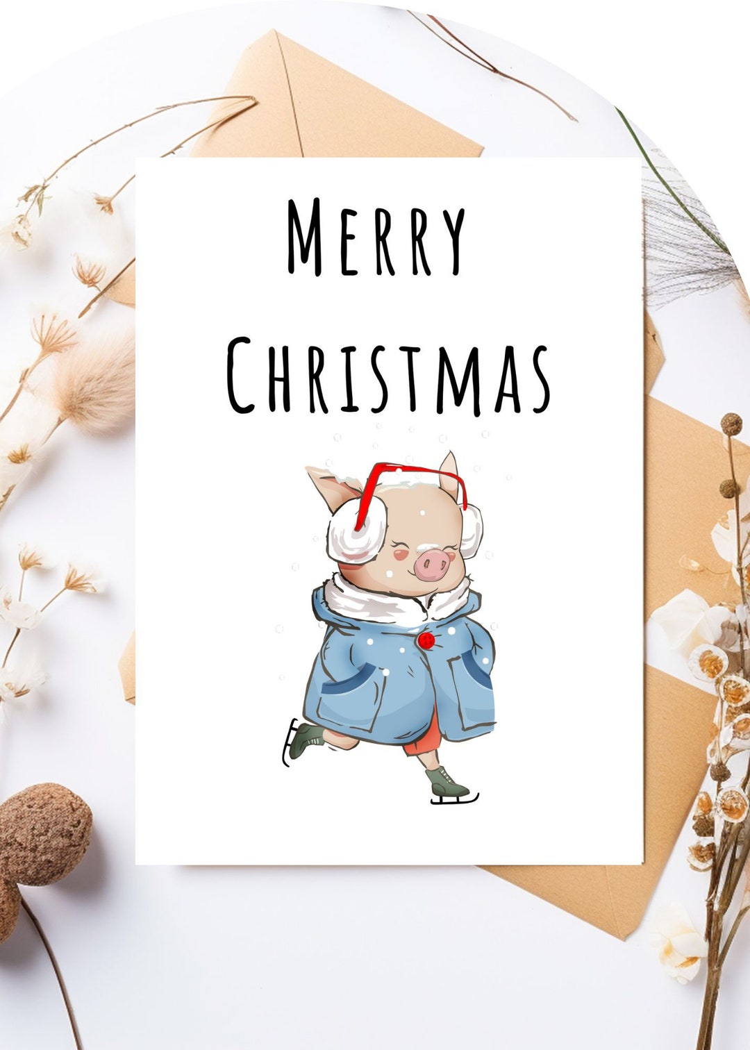 Merry Christmas Skating Pig Cards, Pig Skating Digital Cards, Christmas ...