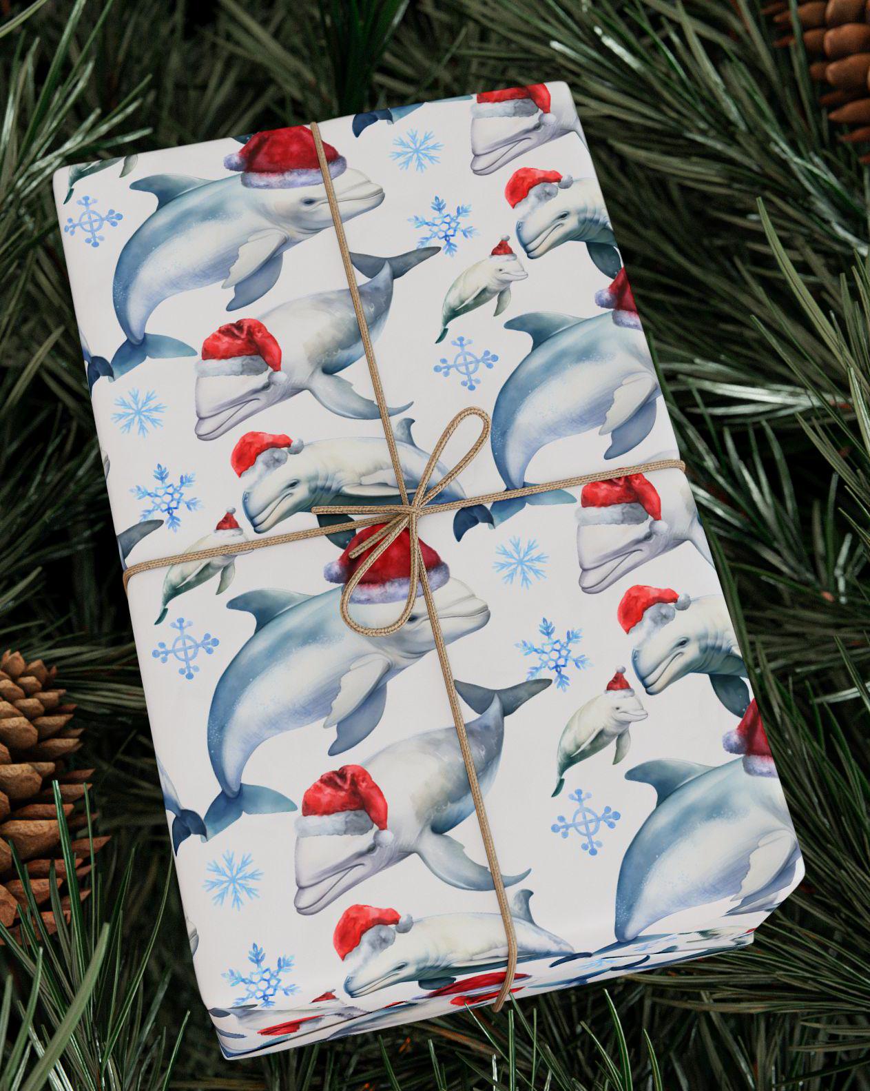 Beluga Whale Wrapping Paper, Whale Gift Wrap for Holidays, Whale Santa ...