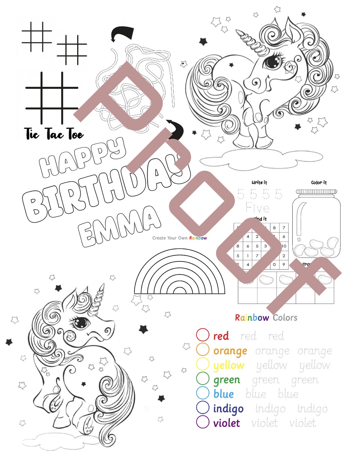 Printable Unicorn 5 Birthday Kids Activity and Coloring Sheet ...