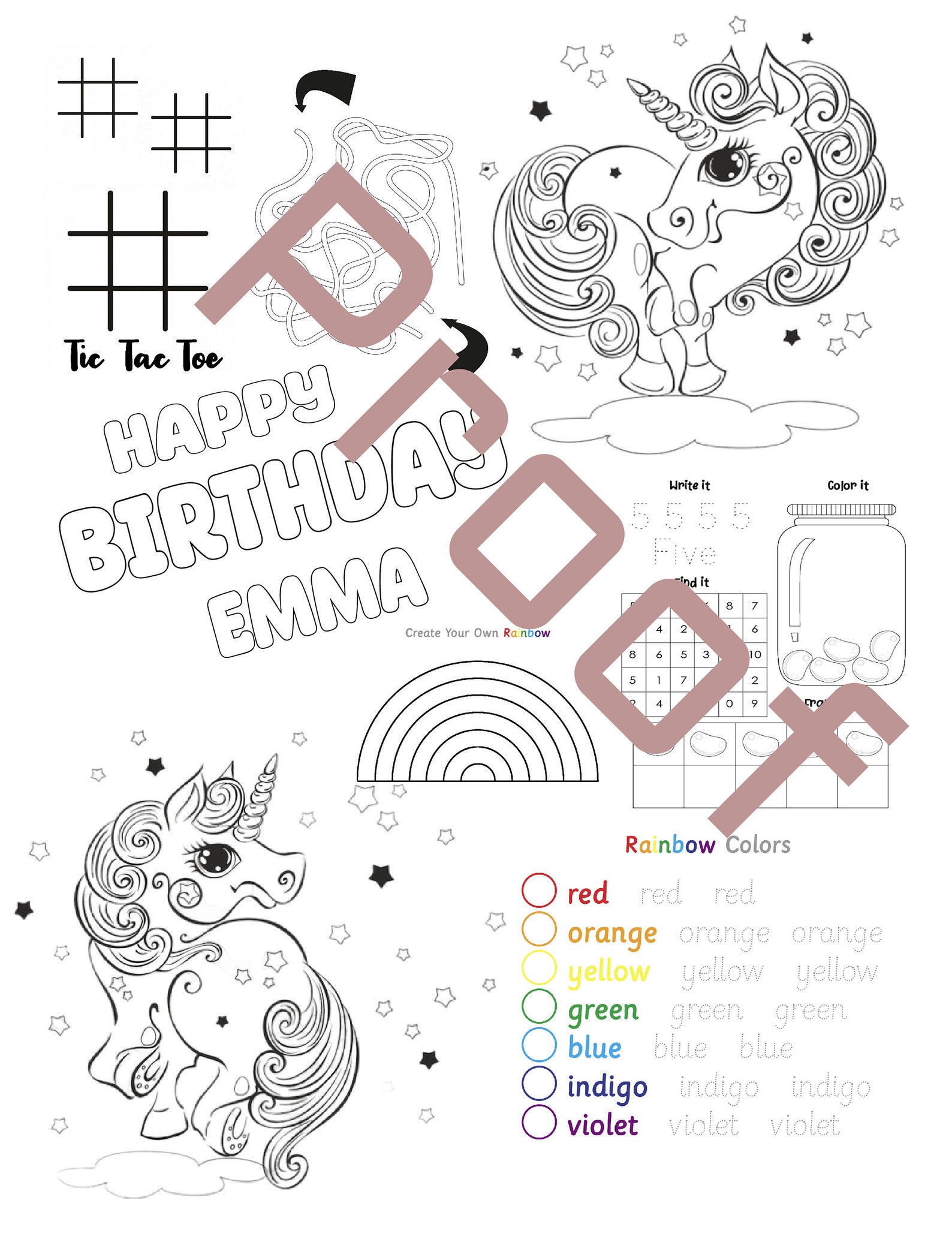 Printable Unicorn 5 Birthday Kids Activity and Coloring Sheet ...