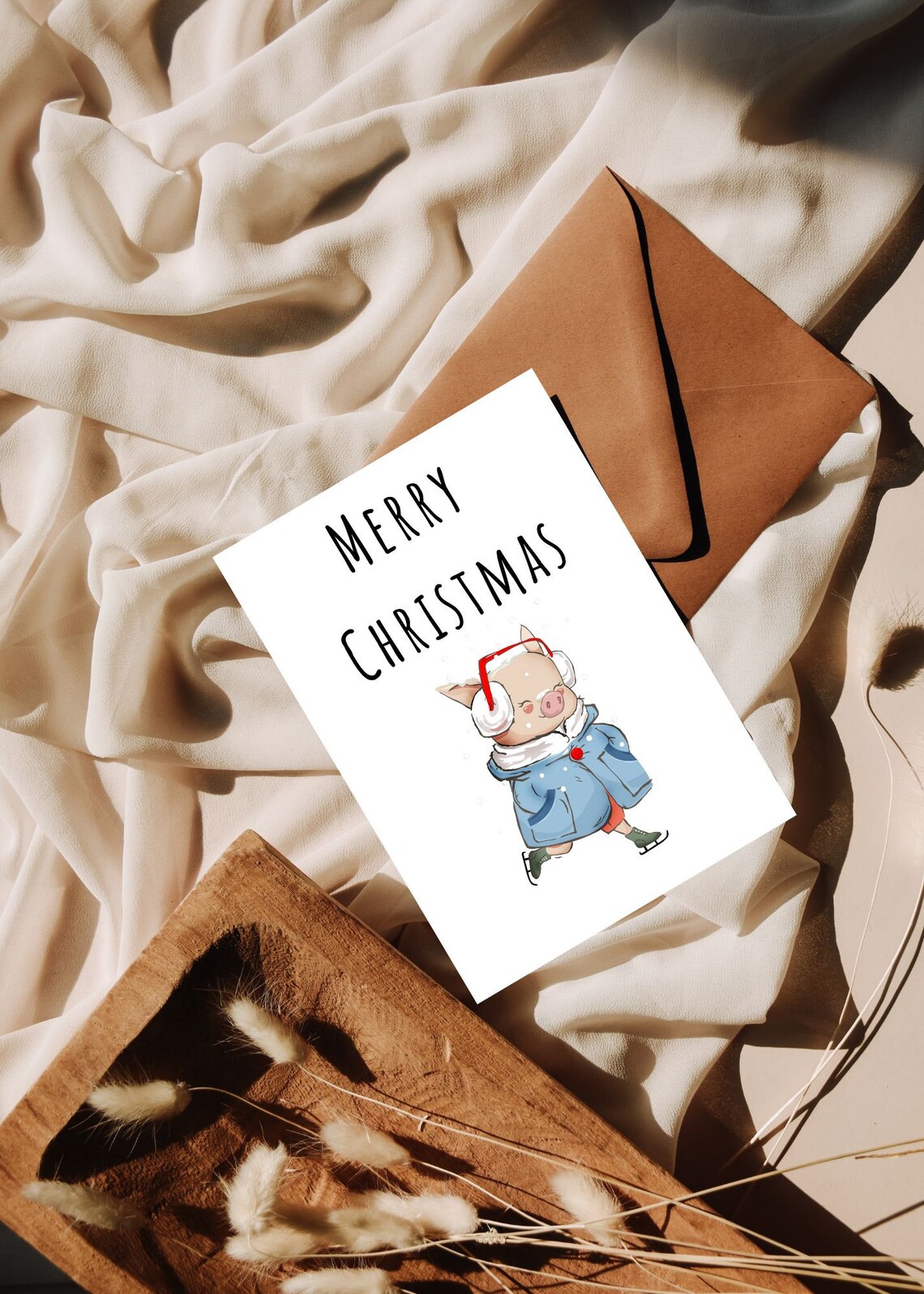 Merry Christmas Skating Pig Cards, Pig Skating Digital Cards, Christmas ...