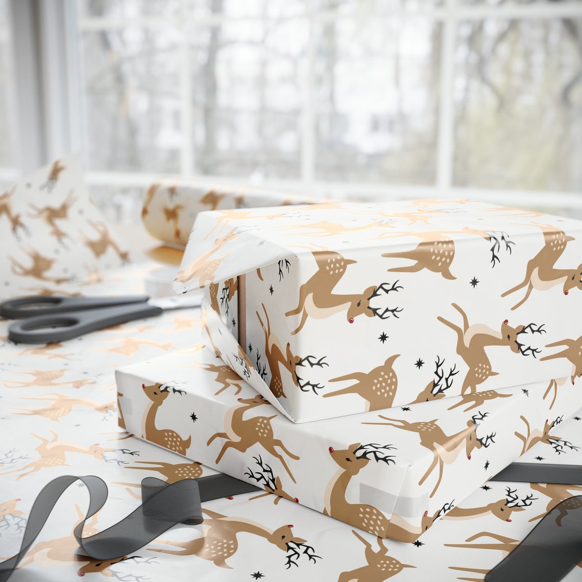 Deer Wrapping Paper Roll, Reindeer Christmas Gift Wrapping Paper ...