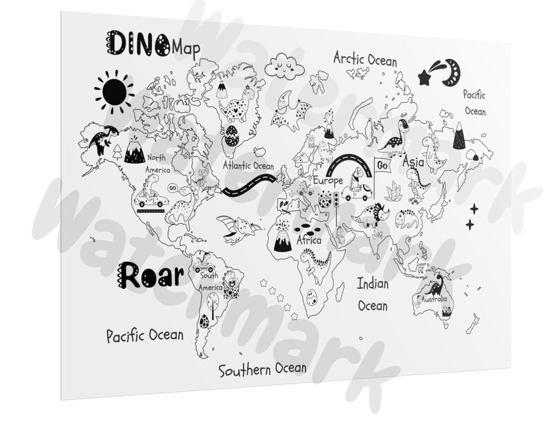 Dinosaur Coloring World Map, Dinosaur World Map, Educational Dinosaur ...
