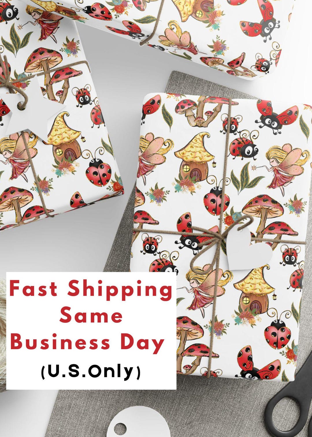 Ladybug and Fairy Wrapping Paper, Ladybug Wrapping Paper, Ladybug ...