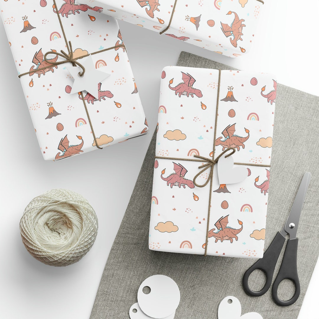 Dragons Wrapping Paper Roll, Cute Dragons Birthday Gift Wrapping Paper ...