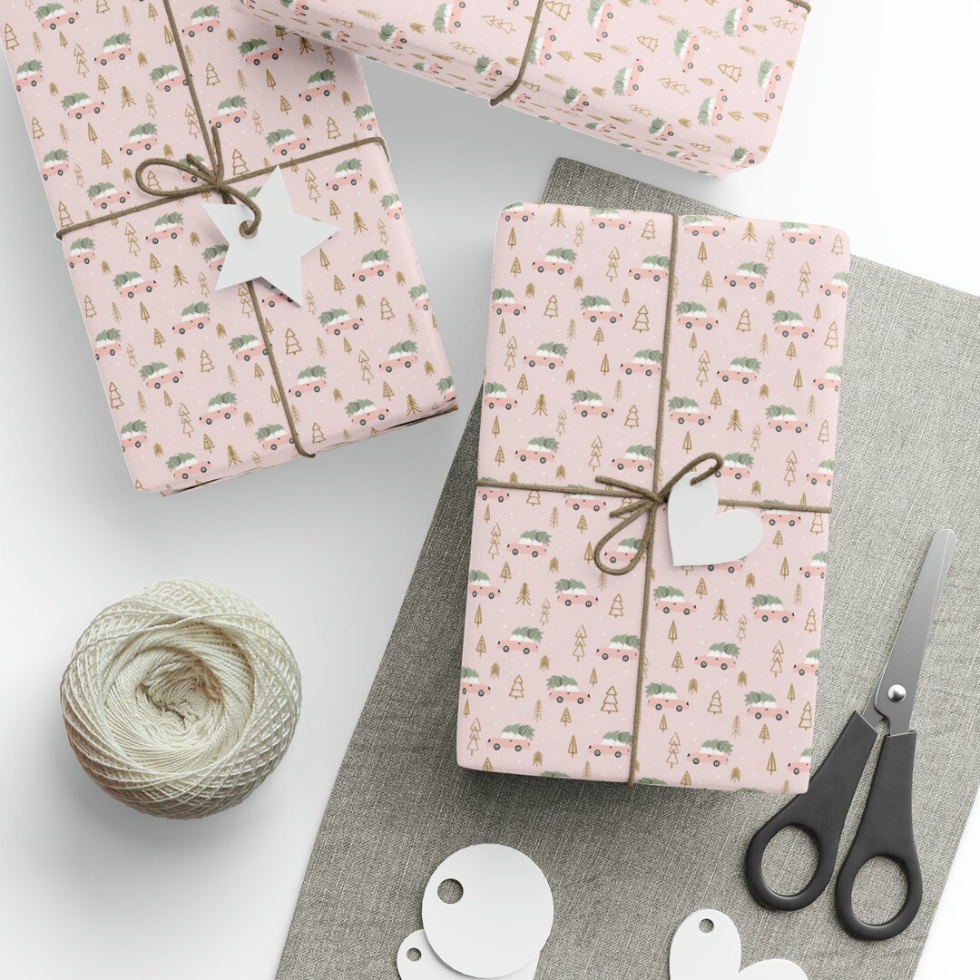 Pink Christmas Car Gift Wrapping Paper, Christmas Car and Tree Gift ...