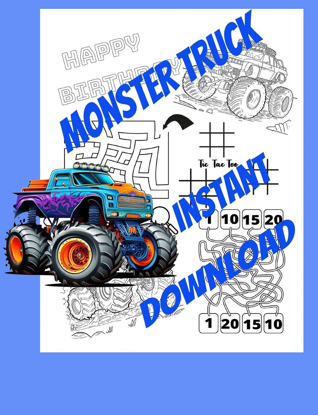 Printable Monster Truck Kid Birthday Activity and Coloring Sheet ...