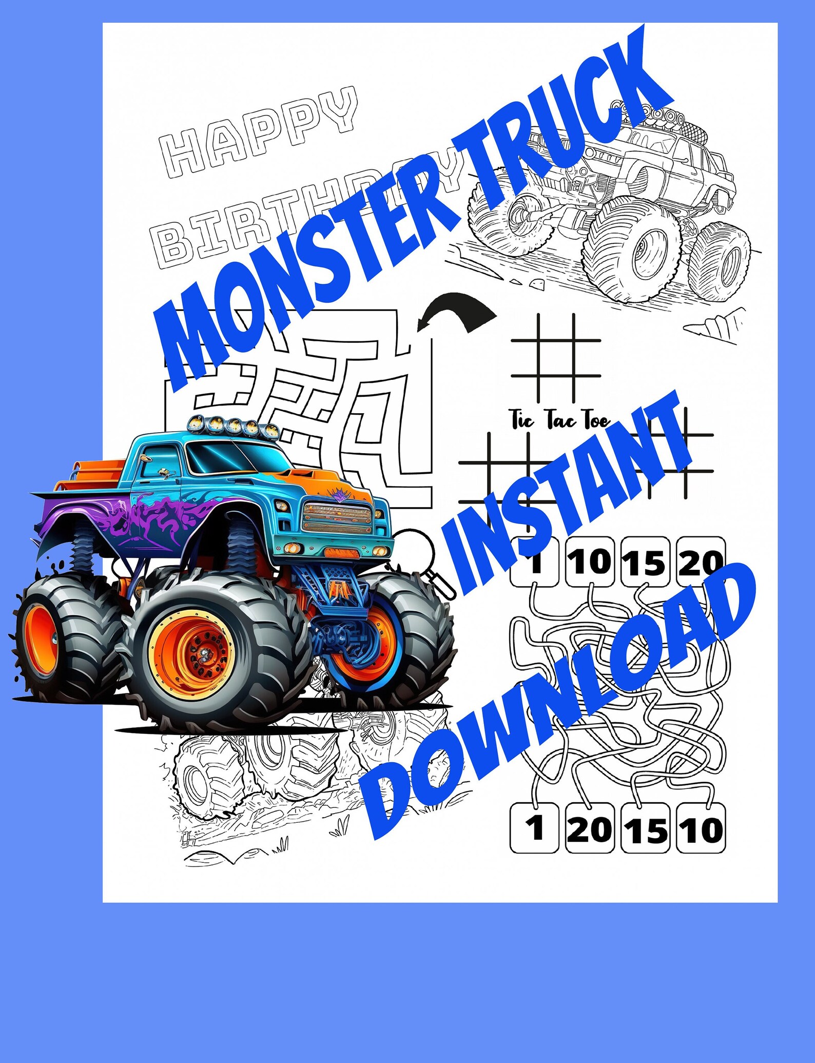 Printable Monster Truck Kid Birthday Activity and Coloring Sheet ...
