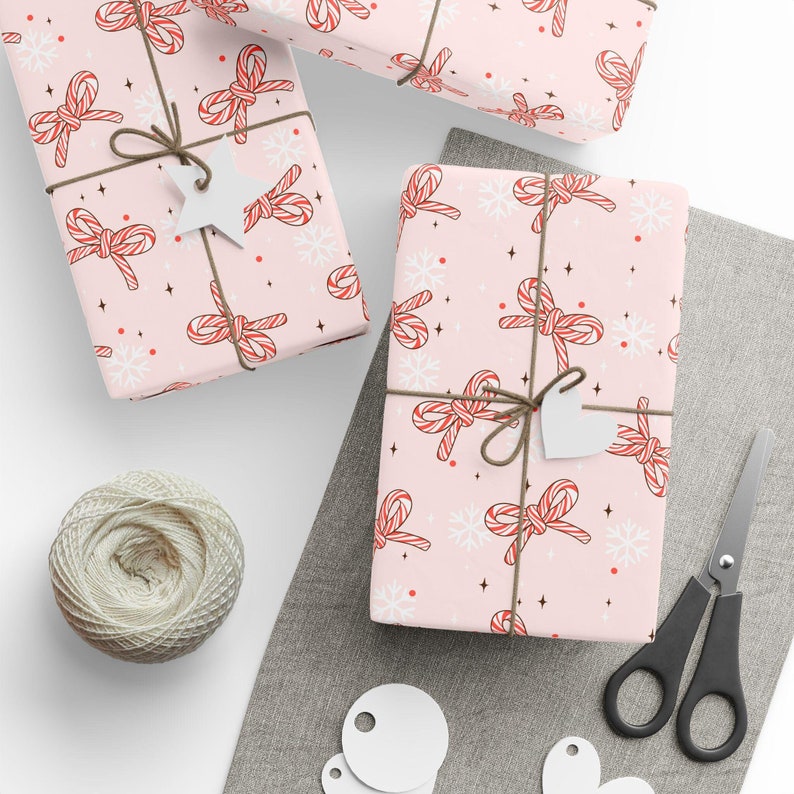 Coquette Candy Cane Wrapping Paper, Cute Bow Designs for Christmas ...