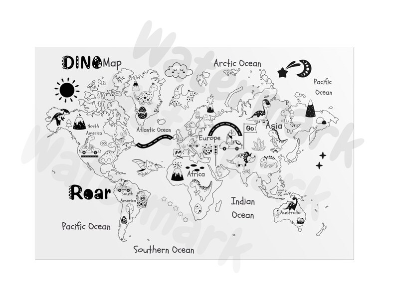 Dinosaur Coloring World Map, Dinosaur World Map, Educational Dinosaur ...