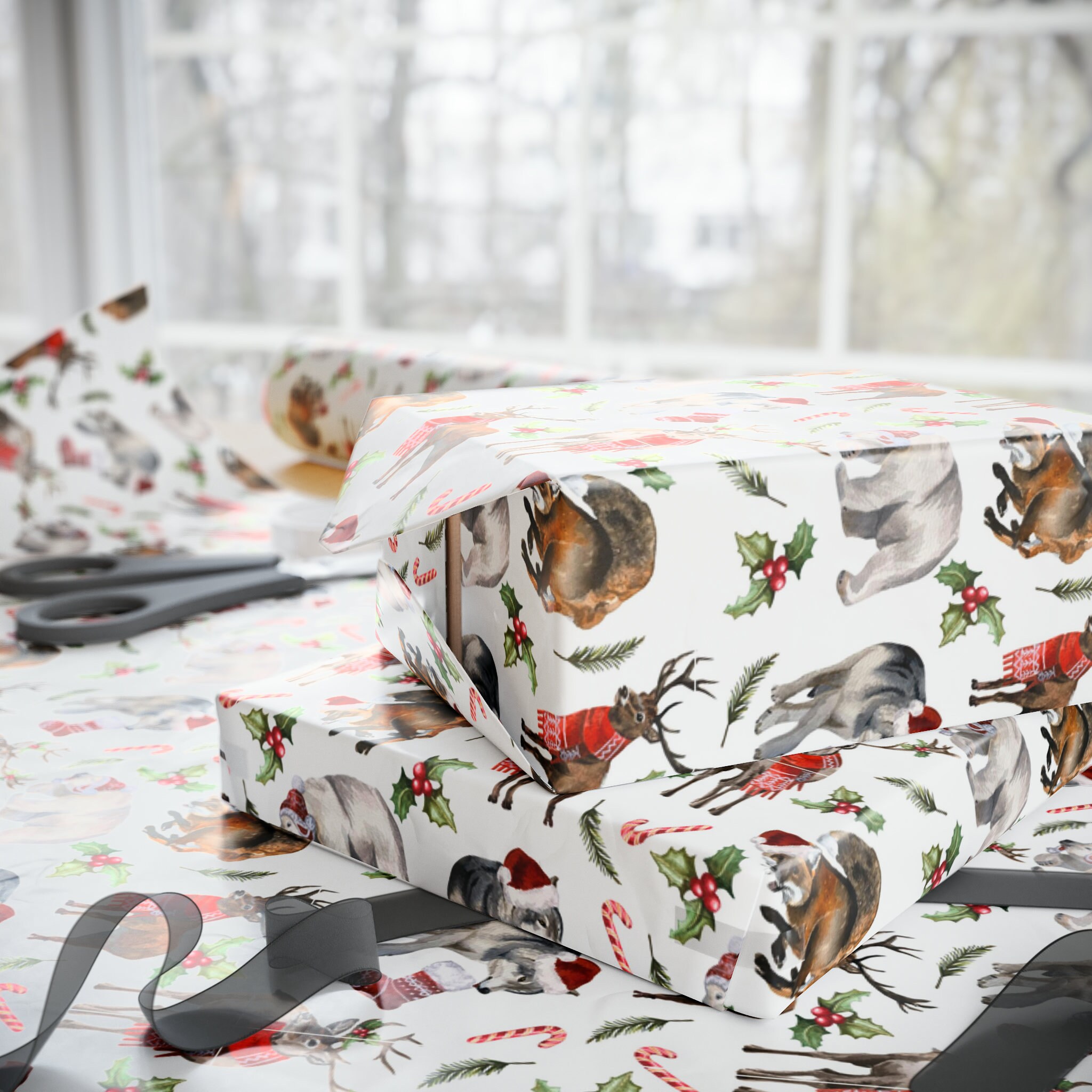 Christmas Animals Gift Wrapping Paper Roll, Santa Animals Gift Wrapping ...