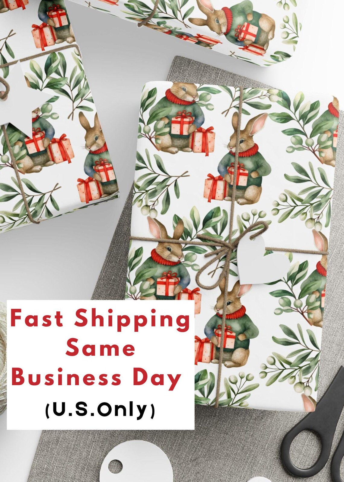 Christmas Rabbit Wrapping Paper, Winter Rabbit Wrapping Paper, Rabbit ...