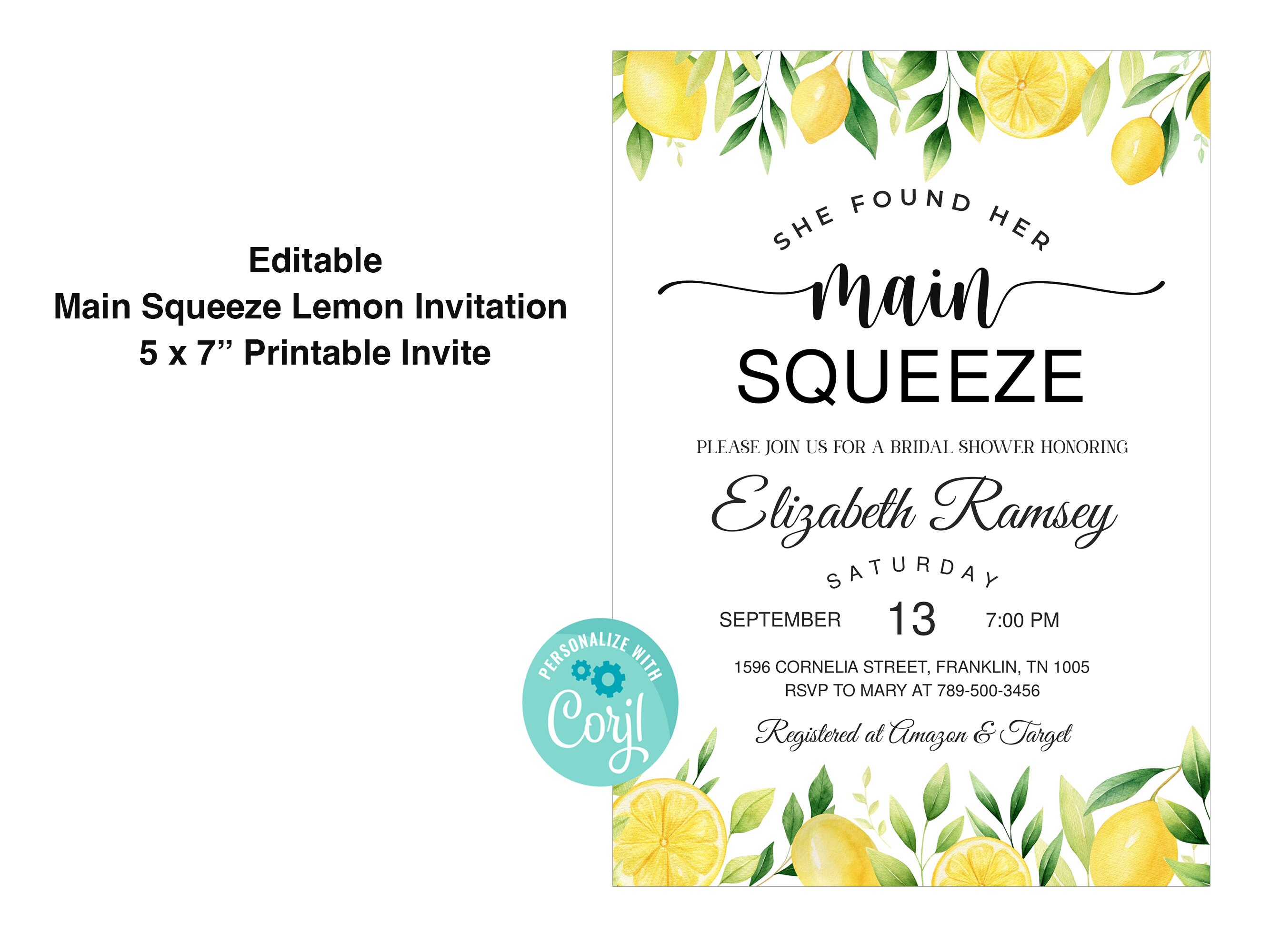 Editable She Found Her Main Squeeze Bridal Shower Invitation, Lemon ...
