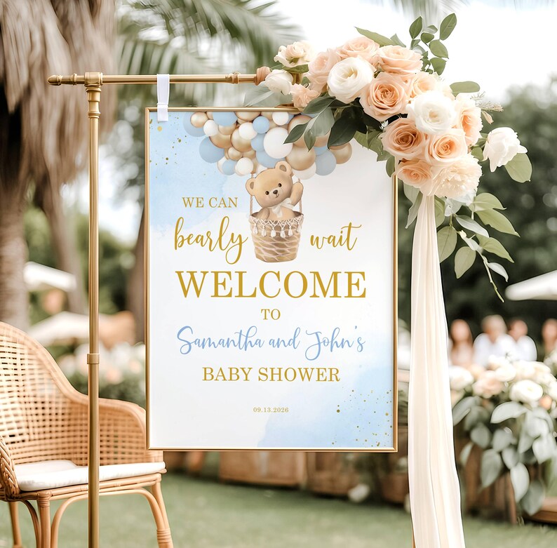 Editable Blue Bear Balloon Baby Shower Welcome Sign, We Can Bearly Wait ...
