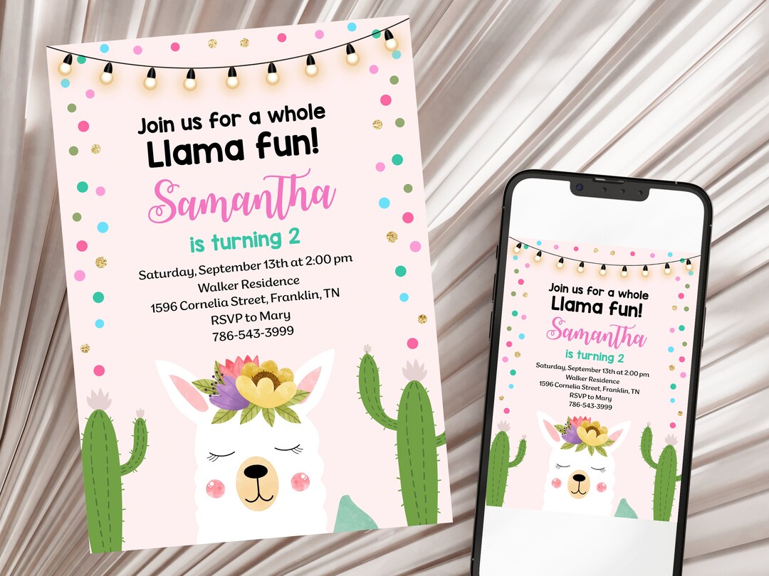 Editable Whole Llama Fun Birthday Invitation Llama Fiesta Cactus ...