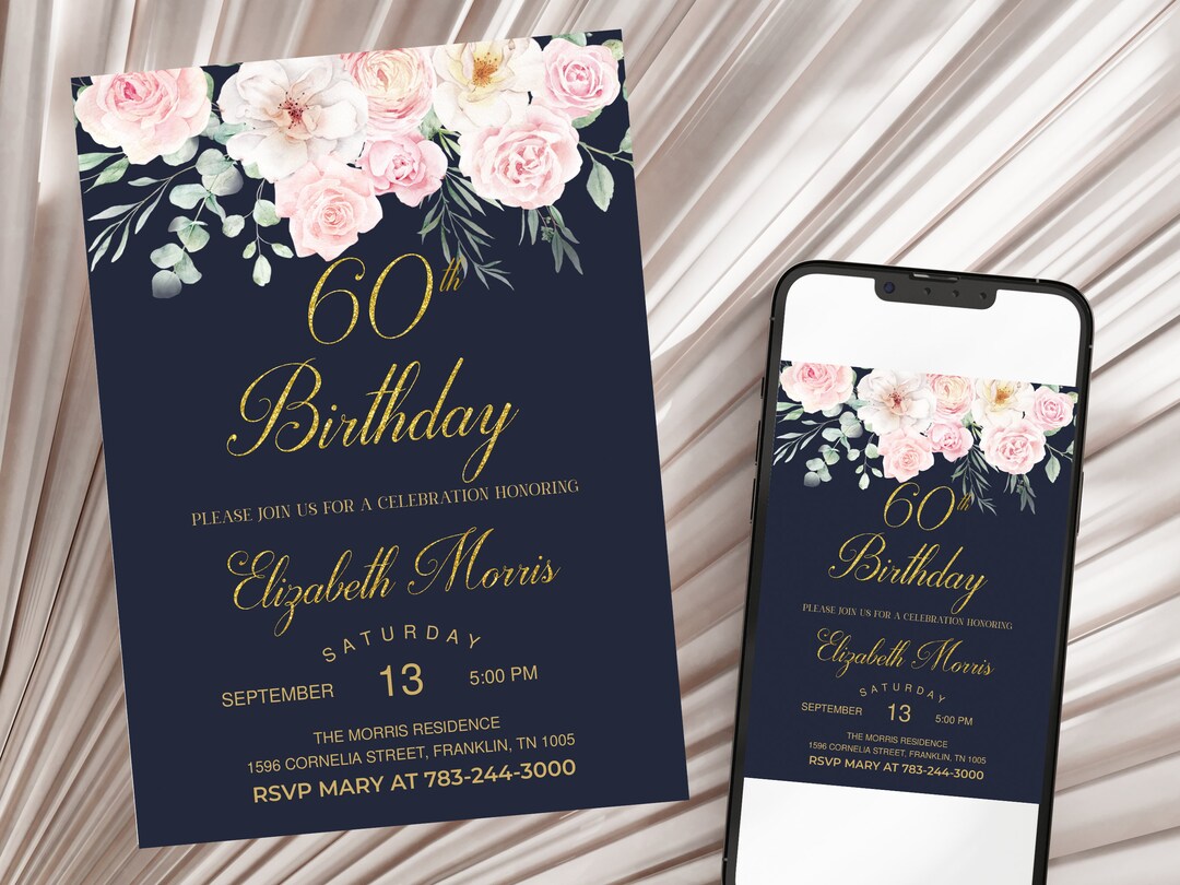 Editable 60th Birthday Invitation, Women Floral Birthday Invitation ...