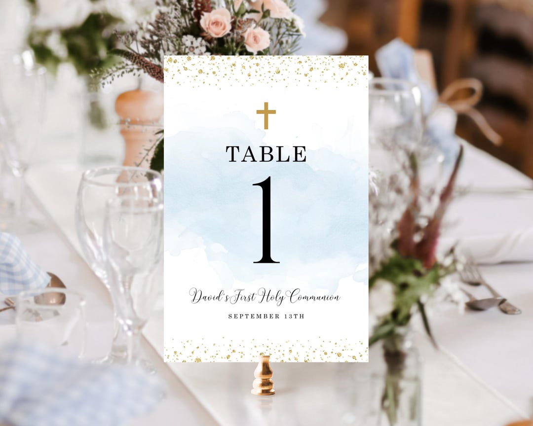 Editable First Holy Communion Blue Table Numbers, Table Number Template ...