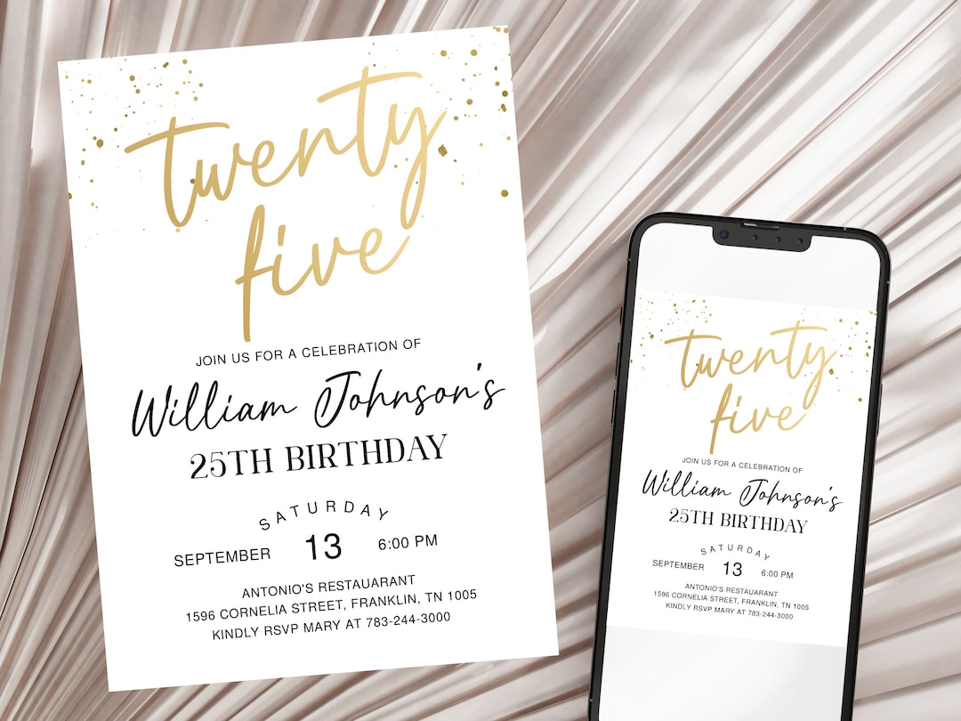 25th Birthday Invitation All White Gold Party Invite for Men or Ladies ...
