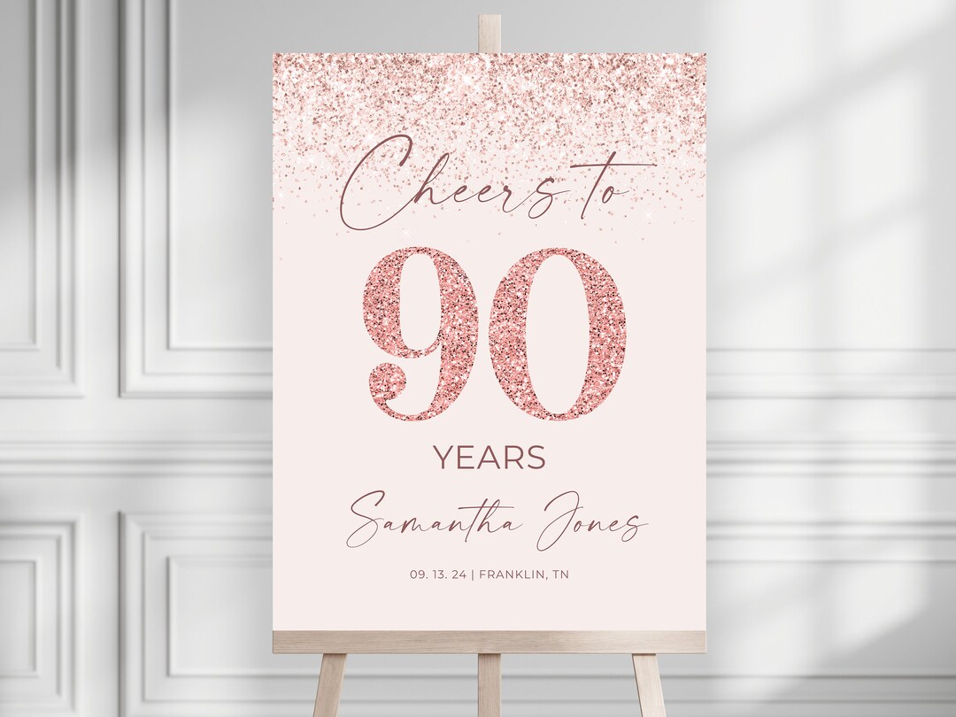 Rose Gold 90th Ninety Birthday Party Welcome Sign, Editable Sign ...
