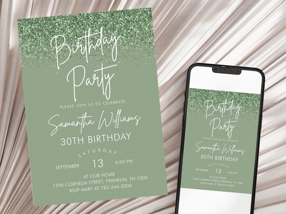 Birthday Invitation Printable Sage Green Birthday Party Invite Editable ...