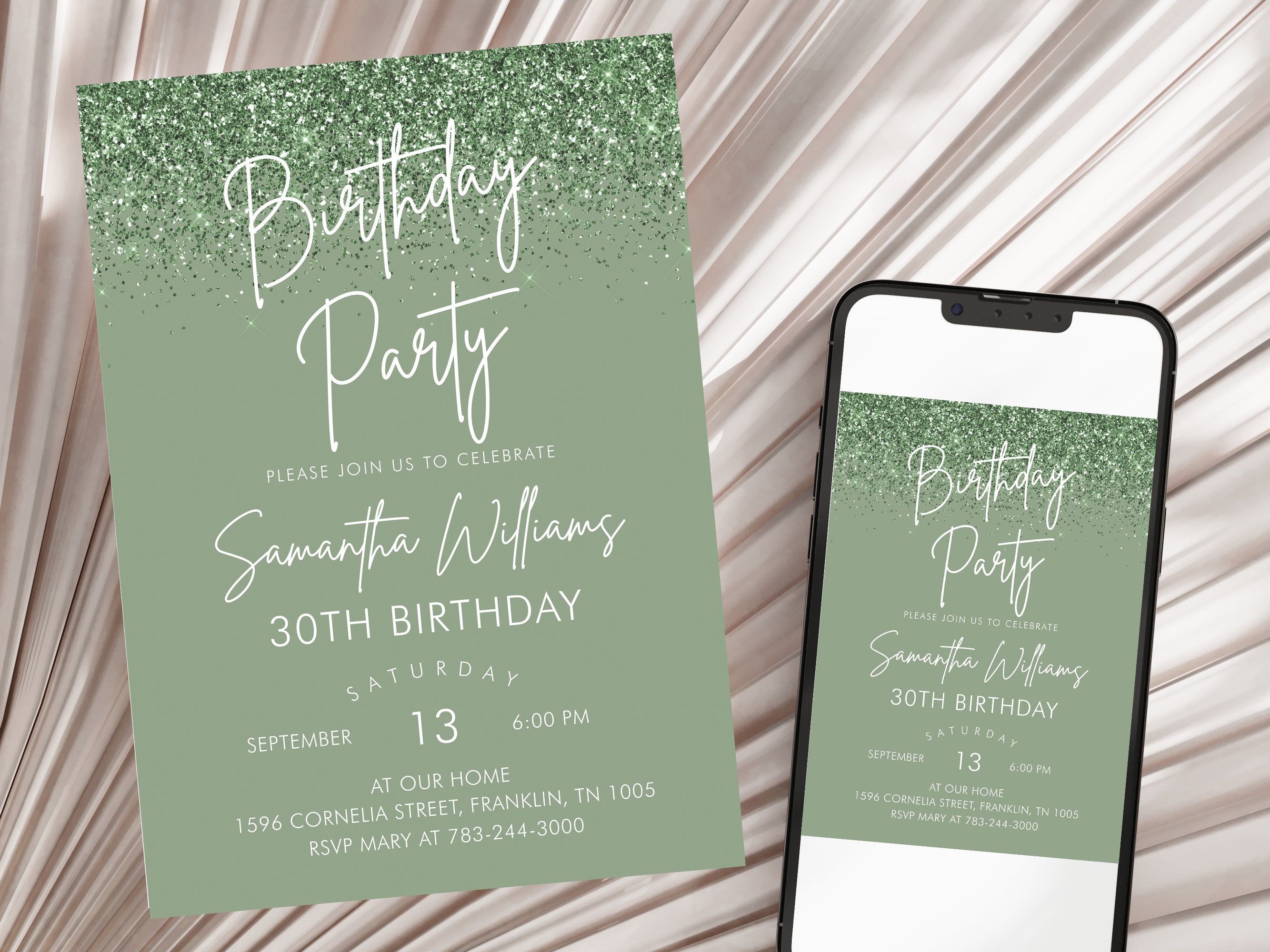 Birthday Invitation Printable Sage Green Birthday Party Invite Editable ...