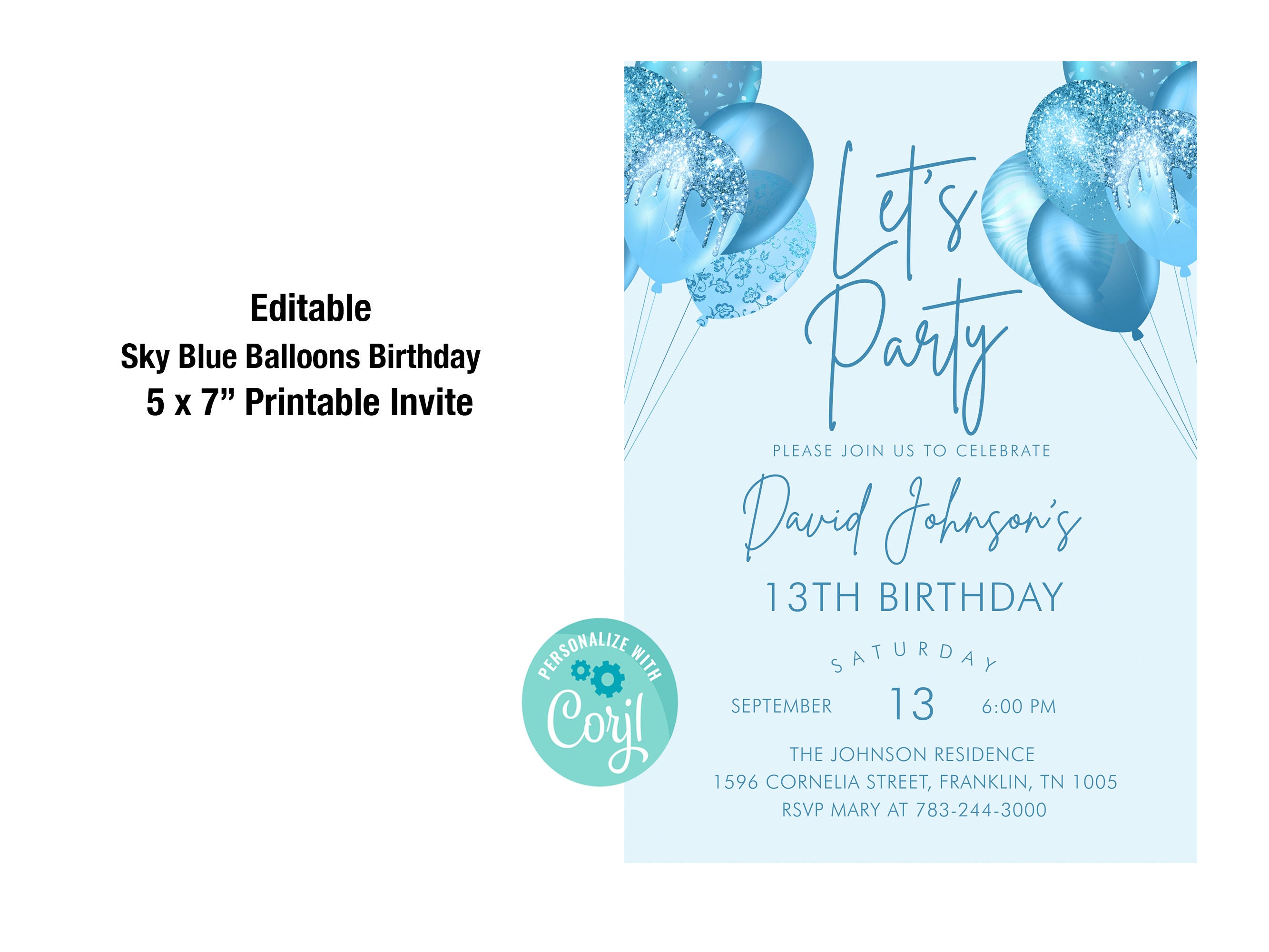 Editable Sky Blue Balloons Birthday Party Invitation, Party Invitation ...