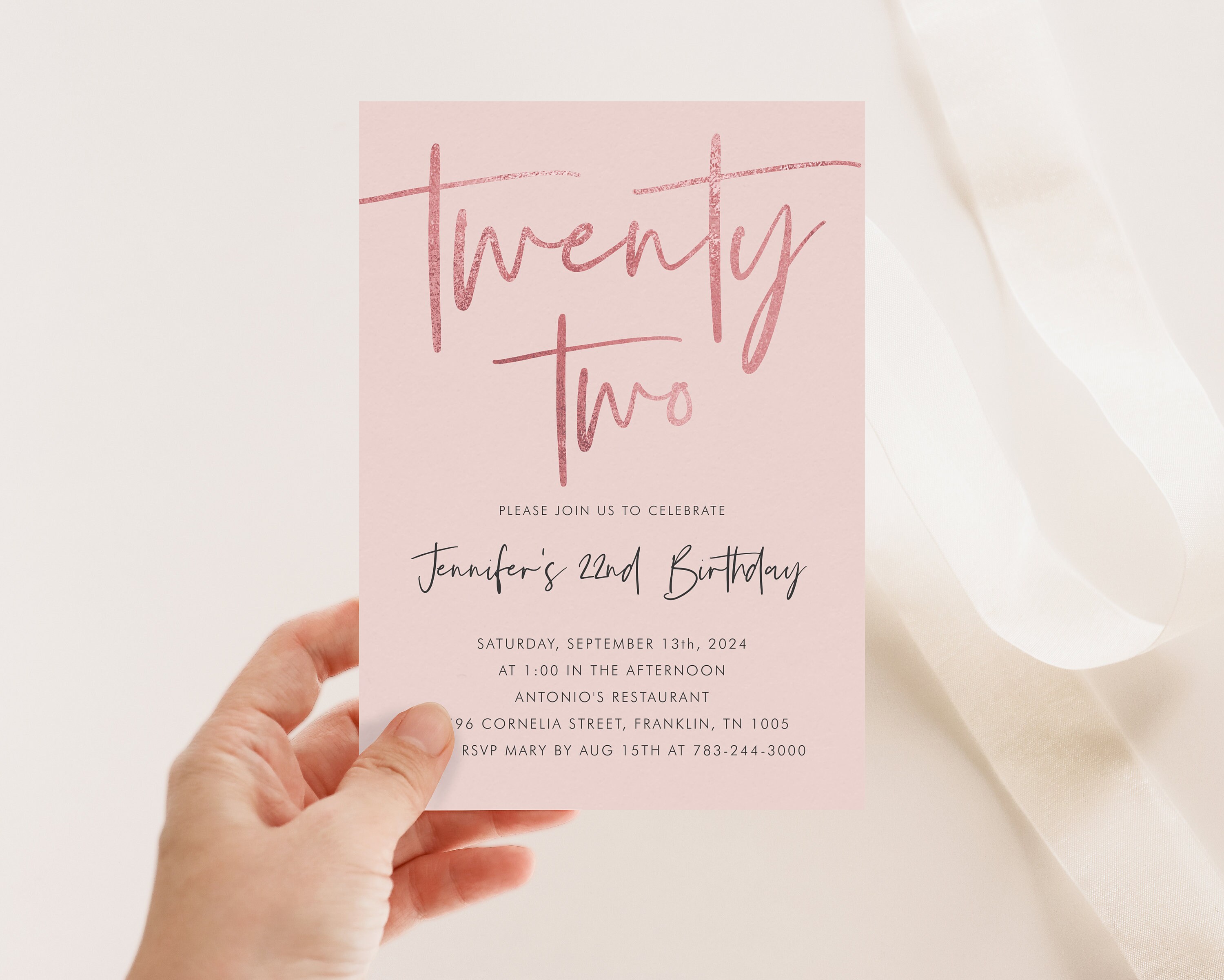 Pink 22nd Birthday Invitation, Invitation Template, Blush and Rose Gold ...