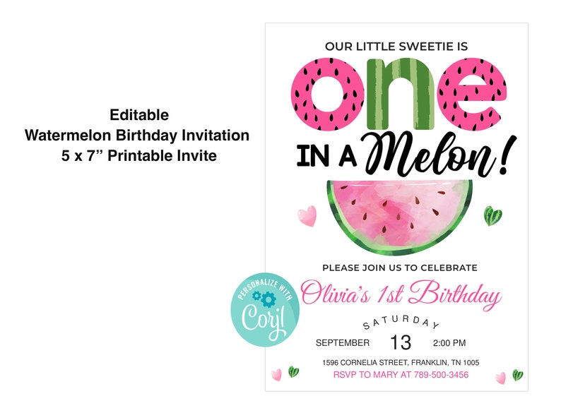 Editable Watermelon Invitation Birthday Invitations Pink - Etsy