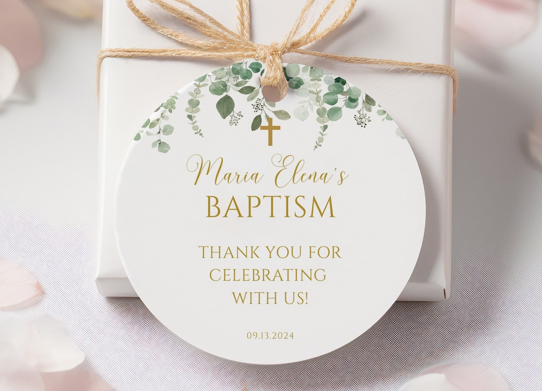 Baptism Thank You Tag Template, Editable Round Tags Greenery Round ...