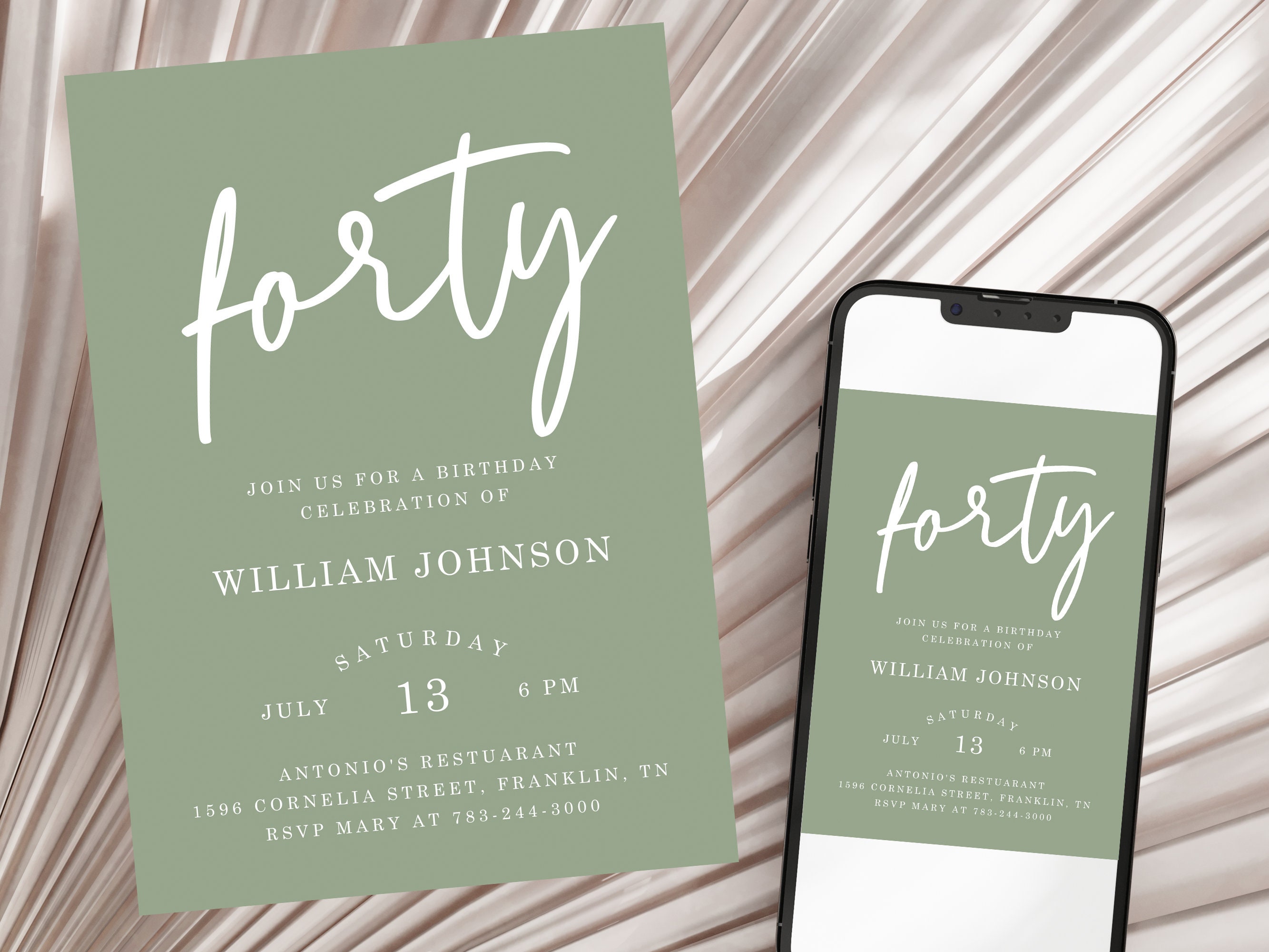40th Birthday Invitation Forty Printable Sage Green Birthday - Etsy