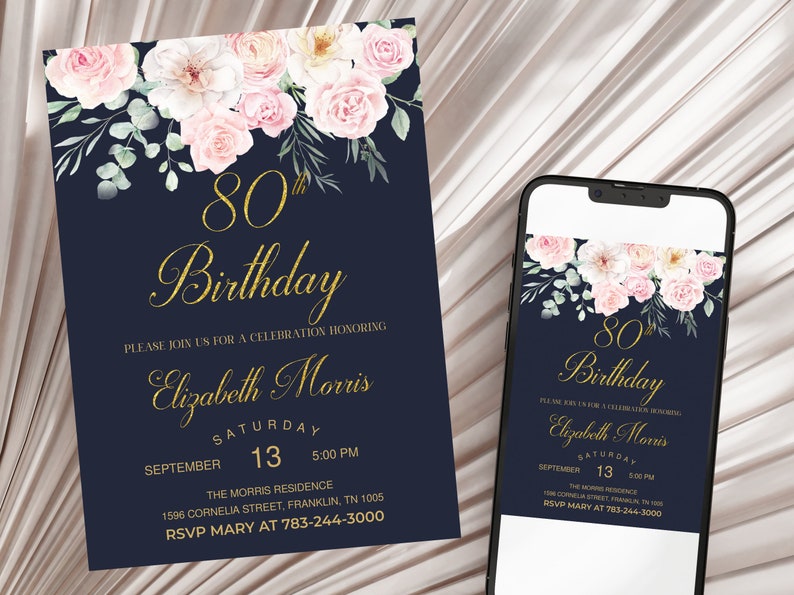 Editable 80th Birthday Invitation Women Floral Birthday - Etsy